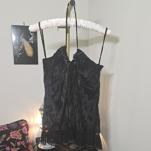 MKM Designs | Tops | Mkm Designs Black Velvet Halter Top With Gold ...